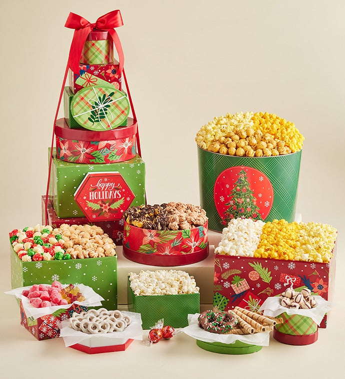 Holiday Cheer 8 Box Gift Tower and 2 Gallon Popcorn Tin | The Popcorn ...