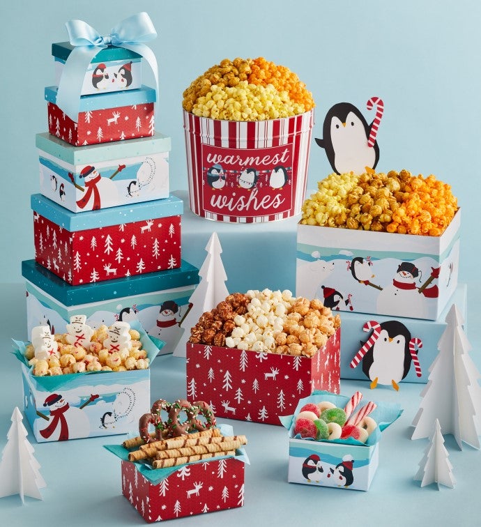 Winter Delight 5 Box Gift Tower and 1.75 Gallon Tin | The Popcorn Factory
