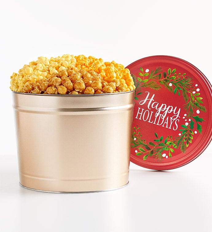Happy Holidays 2 Gallon 3 Flavor Popcorn Tin | The Popcorn Factory