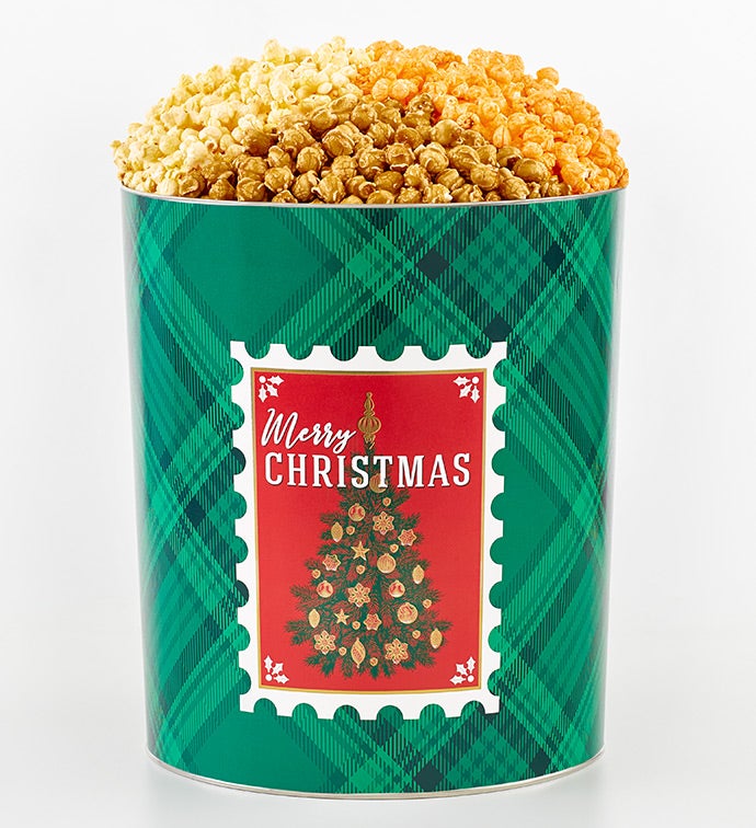 Merry Christmas 6 1/2 Gallon 3 Flavor Popcorn Tin | The Popcorn Factory